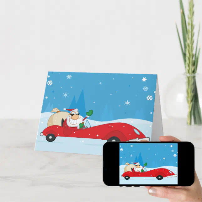 Santa driving a sports car Christmas greeting card | Zazzle
