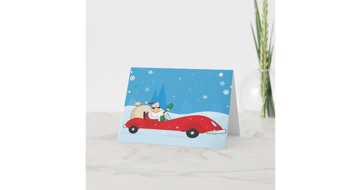 Santa driving a sports car Christmas greeting card | Zazzle