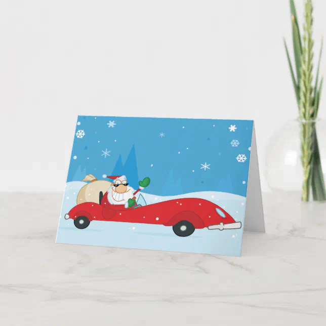 Santa driving a sports car Christmas greeting card | Zazzle