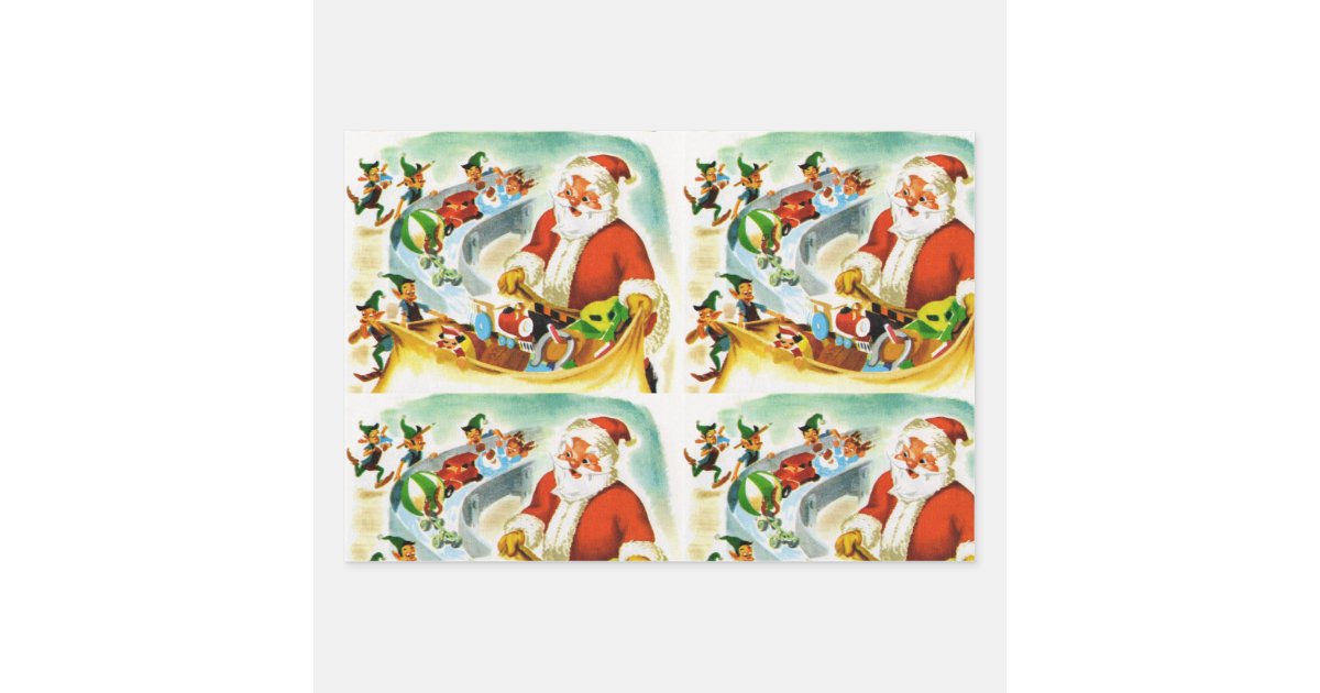 Santa & Elves Vintage Illustration 1940s Wrapping Paper Sheets | Zazzle