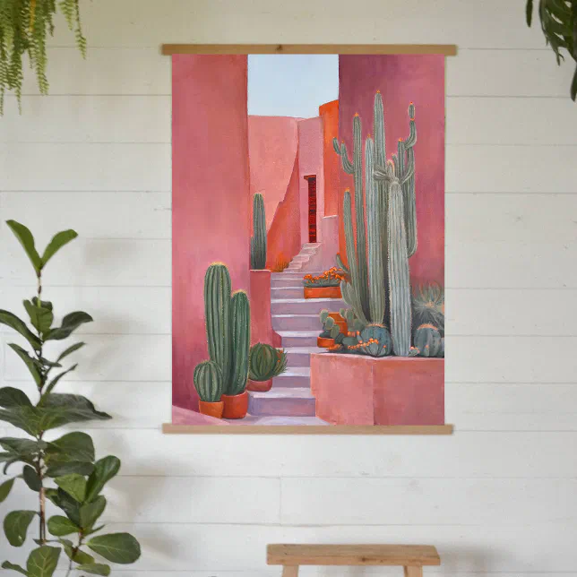 Santa Fe Cacti Boho Wood Topped Wall Tapestry | Zazzle