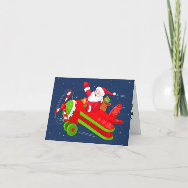 Santa Flying Airplane Merry Christmas Card | Zazzle