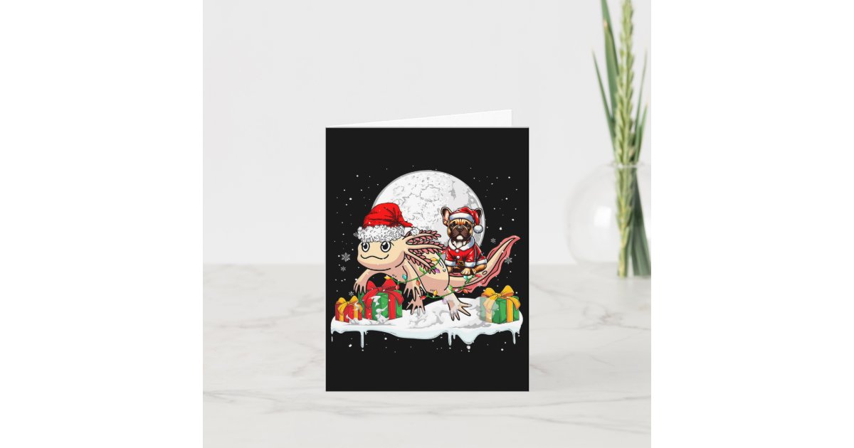 Santa French Bulldog Riding Axolotl Christmas Owne Card | Zazzle