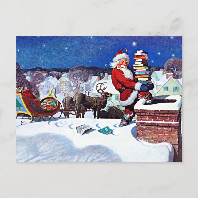 Santa going down the chimney to deliver books holiday postcard | Zazzle