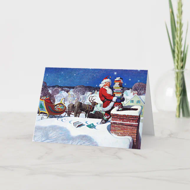 Santa going down the chimney with armload of books holiday card | Zazzle