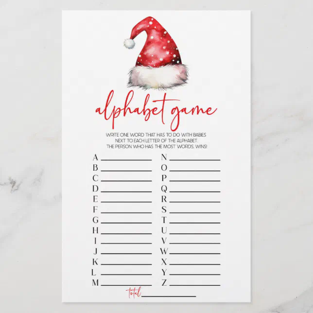 Santa Hat Christmas Alphabet Baby Shower Game Stationery | Zazzle