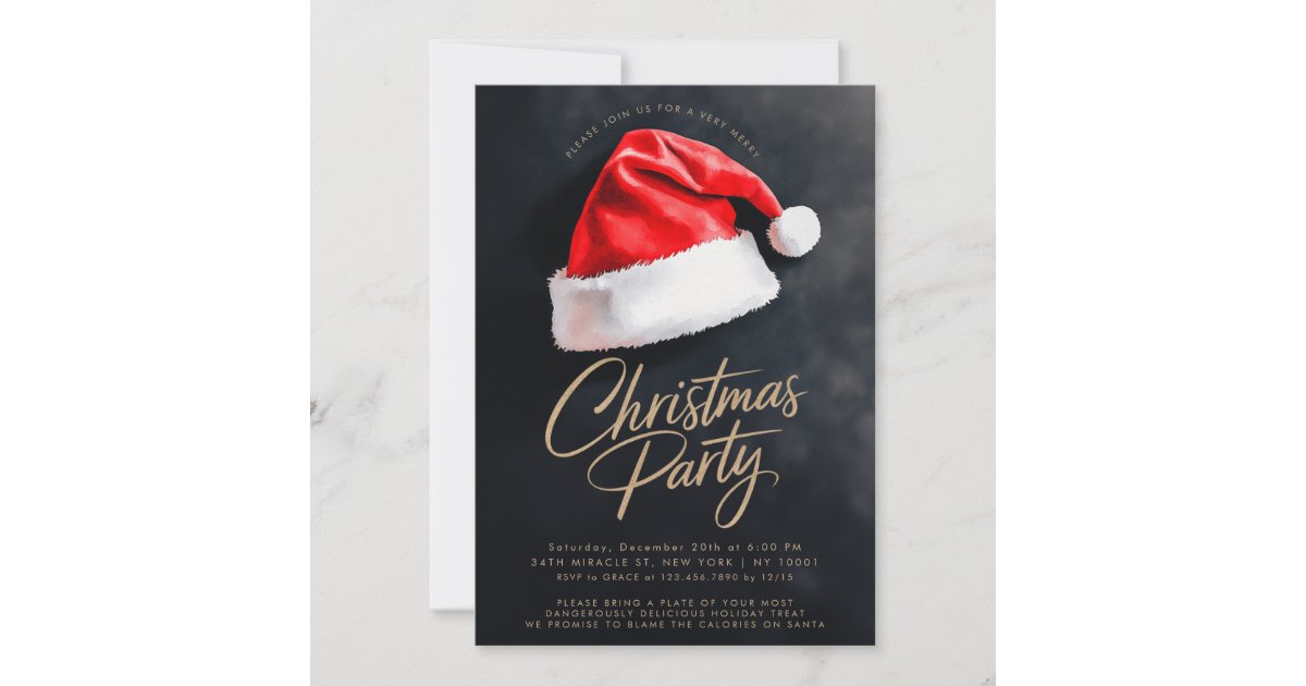 Santa Hat Festive Black Christmas Party Invitation | Zazzle