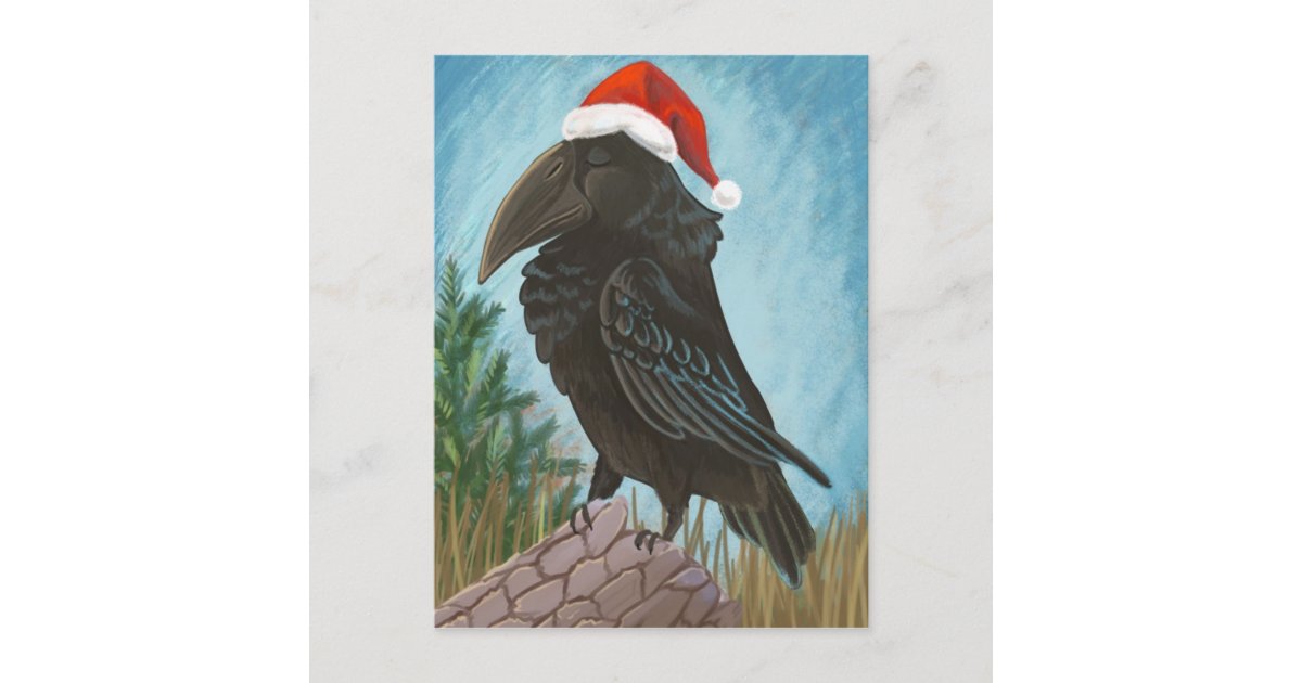 Santa Hat Raven Holiday Postcard | Zazzle