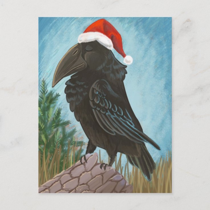Santa Hat Raven Holiday Postcard | Zazzle