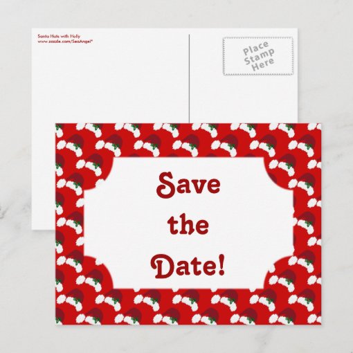 Santa Hats with Holly Save the Date Postcard | Zazzle