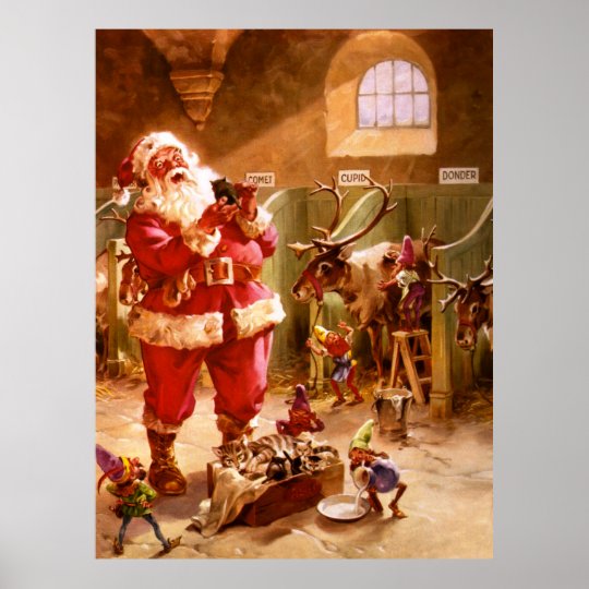 Santa in the Reindeer Barn Poster | Zazzle.com