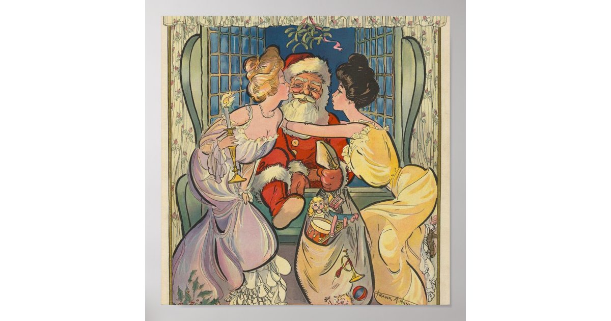 Santa Kissing Vintage Christmas Card Poster | Zazzle