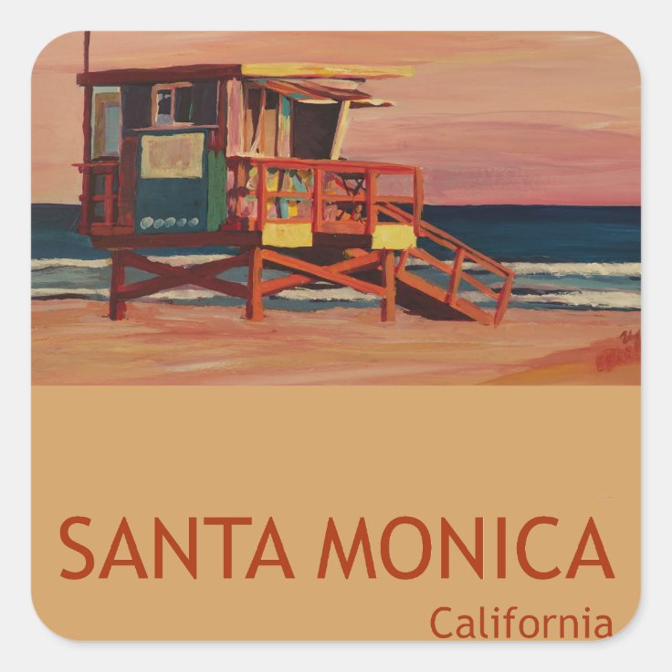 Santa Monica Beach Retro Poster Square Sticker | Zazzle