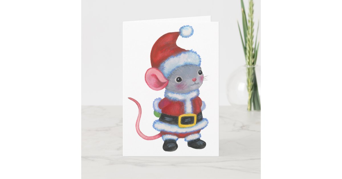 Santa Mouse Christmas Animal Art Card | Zazzle