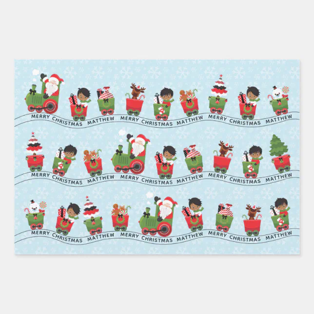 Santa & Multicultural Boy on Train Wrapping Paper Sheets | Zazzle