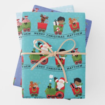 Santa & Multicultural Boy on Train Wrapping Paper Sheets | Zazzle