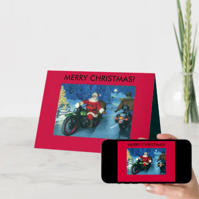 Santa on a motorcycle christmas card | Zazzle