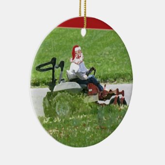 Santa on a riding lawn mower landscaper ceramic ornament | Zazzle