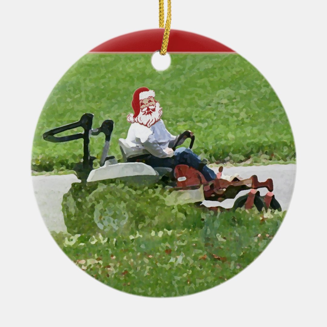Santa on a riding lawn mower landscaper ceramic ornament | Zazzle