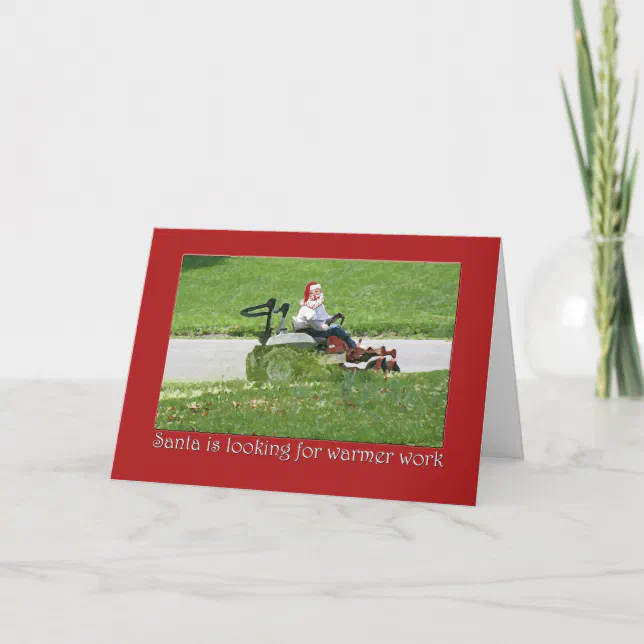 Santa on a riding lawn mower landscaper holiday card | Zazzle