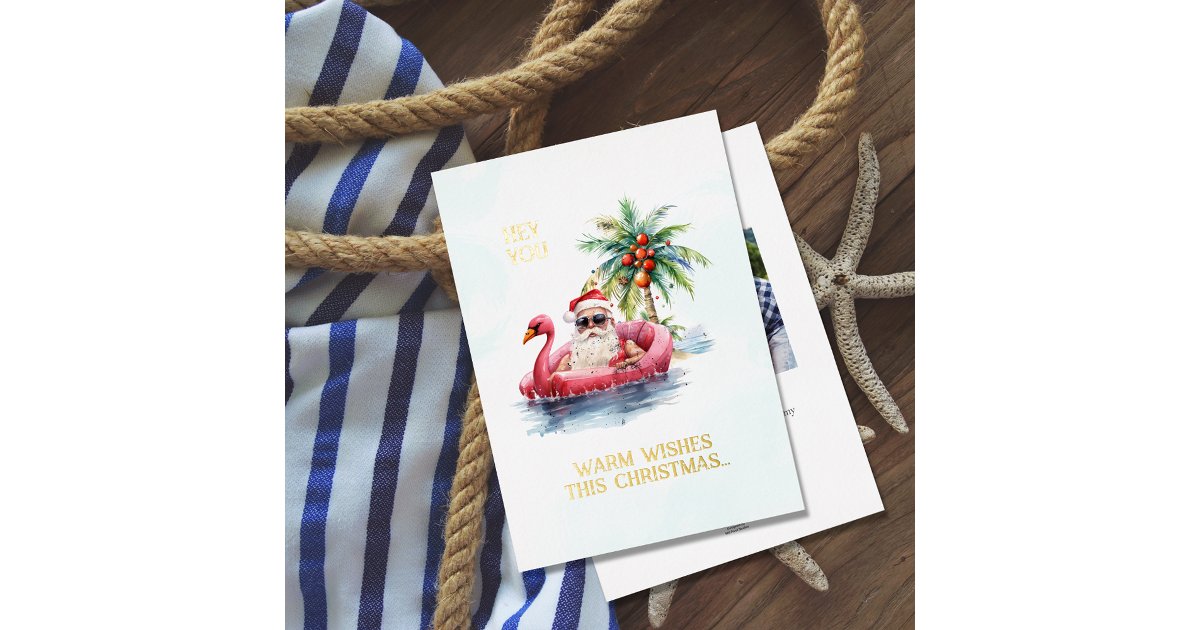 Santa on Flamingo Pool Floatie Christmas Foil Holiday Card | Zazzle