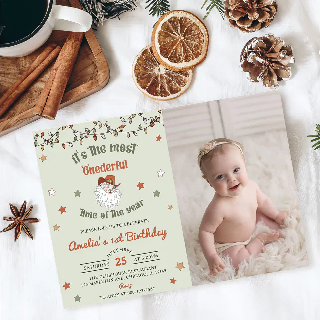 Santa Onederful Christmas First Birthday Photo Invitation | Zazzle