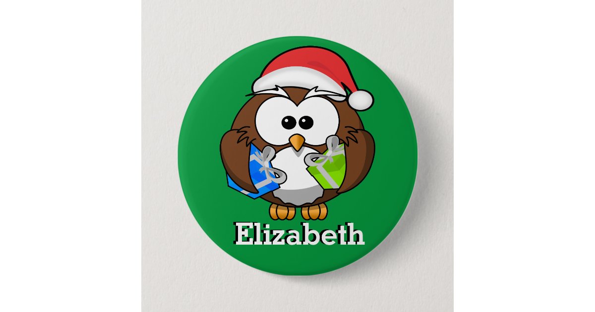 Santa Owl Christmas Stocking Name Tag Button | Zazzle
