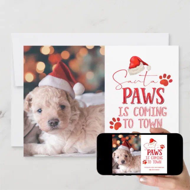 Santa Paws is Coming to Town Christmas Photograph Holiday Card | Zazzle