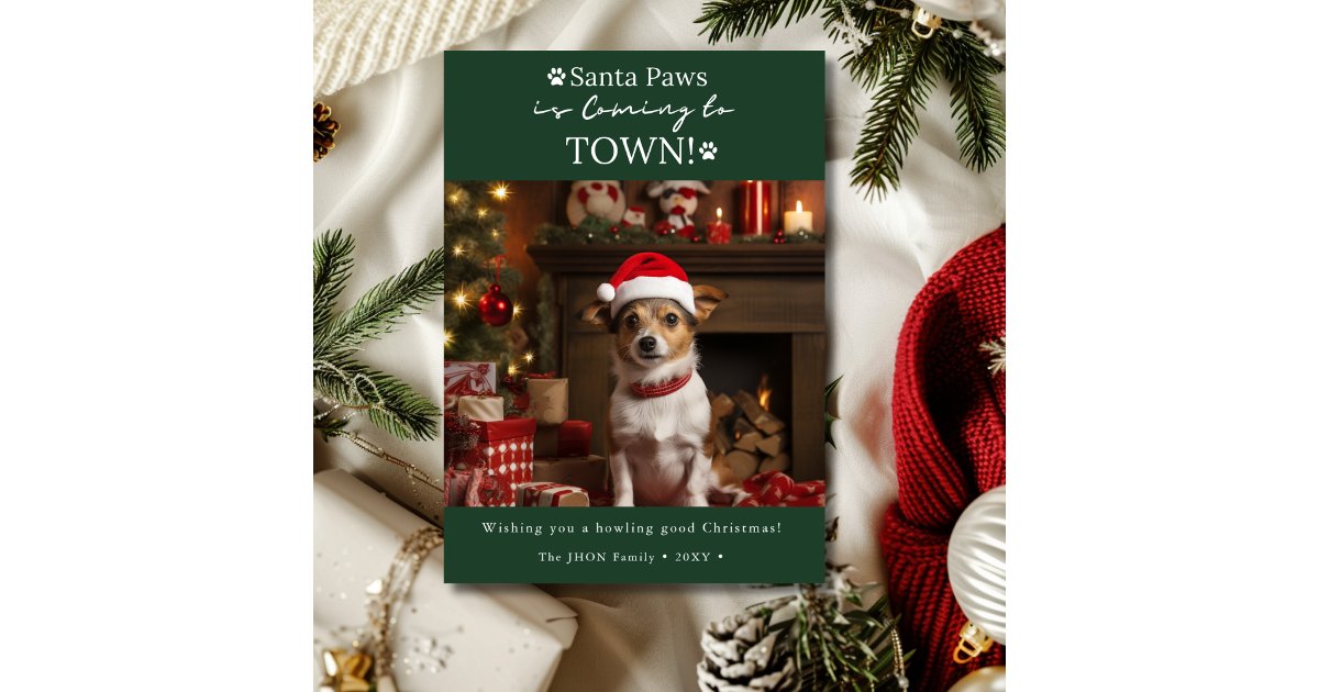 Santa Paws is Coming to Town Dark Green Dog Photo Holiday Card | Zazzle