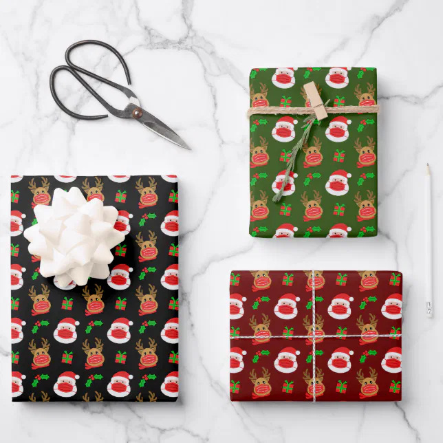 Santa Reindeer Face Mask Christmas Wrapping Paper Sheets | Zazzle