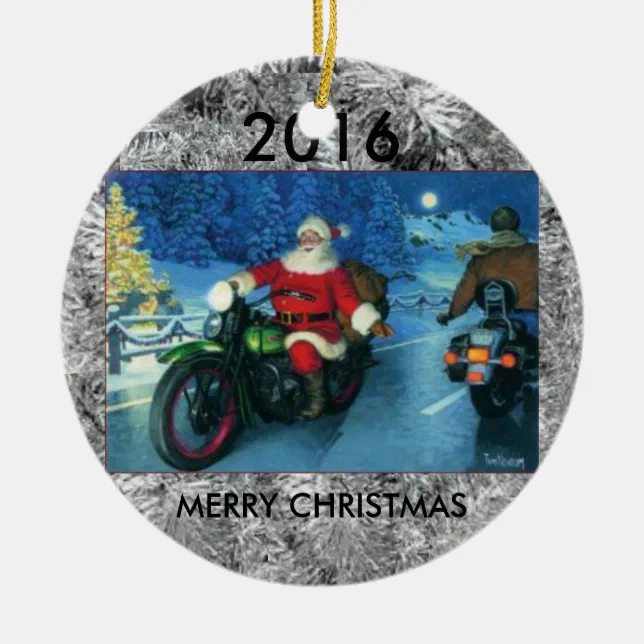 Santa riding a motorcycle christmas tree ornament | Zazzle