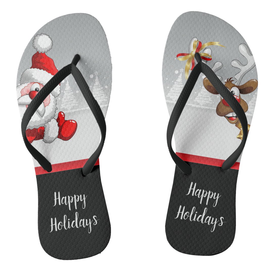 Santa & Rudolf Cartoon Flip Flops | Zazzle