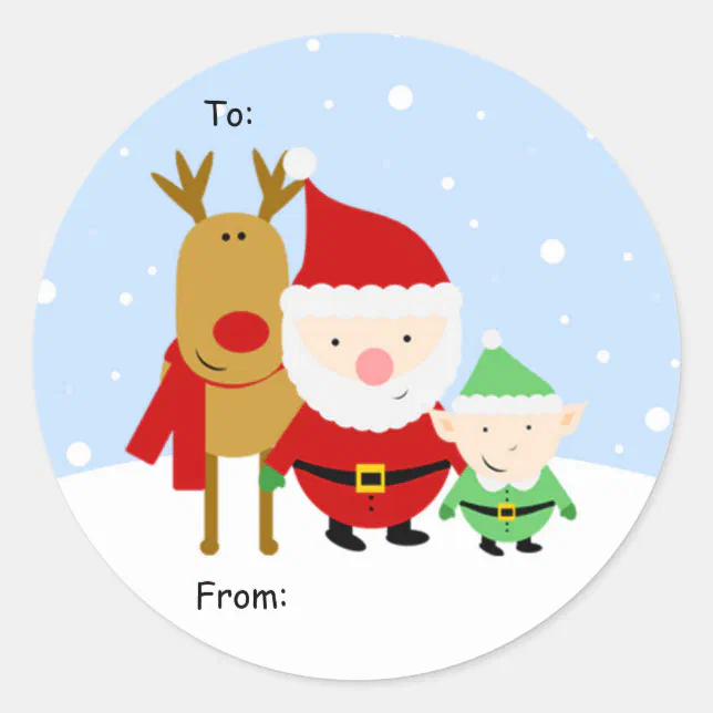 Santa, Rudolph and Elf Christmas Tag, To: From: Classic Round Sticker ...