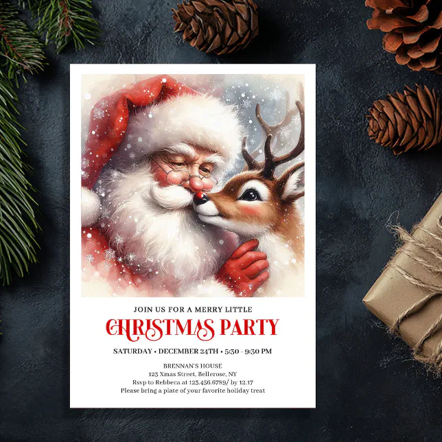 Santa Rudolph Traditional Holiday Party Invitation | Zazzle