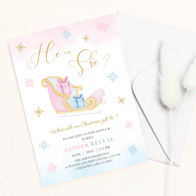 Santa Sleigh Christmas Gifts Holiday Gender Reveal Invitation | Zazzle