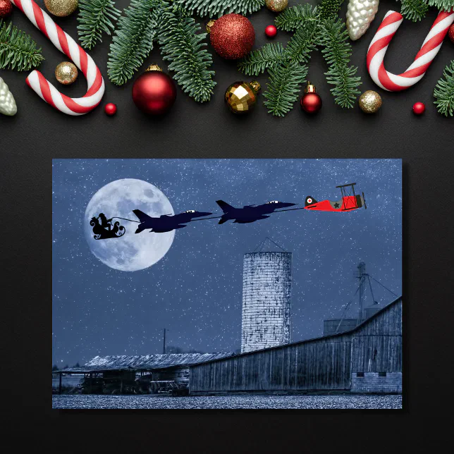Santa, Sleigh, F-16 Jets and Red Biplane Christmas Holiday Card | Zazzle