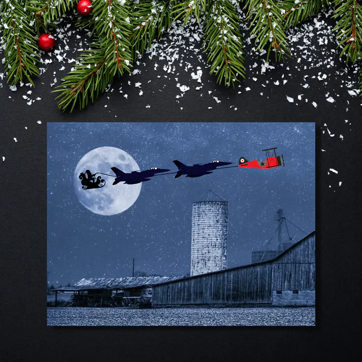 Santa, Sleigh, F-16 Jets and Red Biplane Christmas Holiday Postcard ...