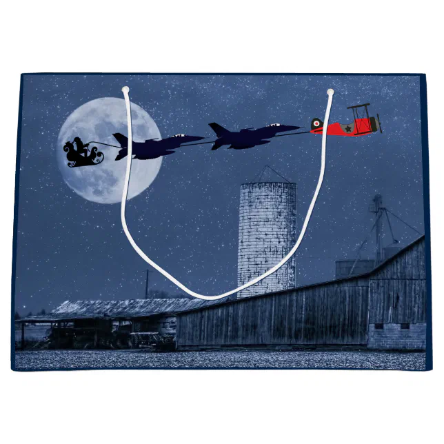 Santa, Sleigh, F-16 Jets and Red Biplane Christmas Large Gift Bag | Zazzle