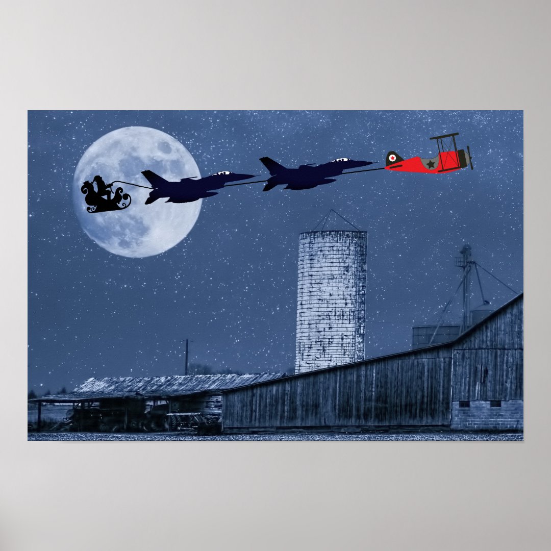 Santa, Sleigh, F-16 Jets and Red Biplane Christmas Poster | Zazzle