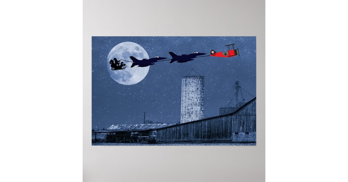 Santa, Sleigh, F-16 Jets and Red Biplane Christmas Poster | Zazzle