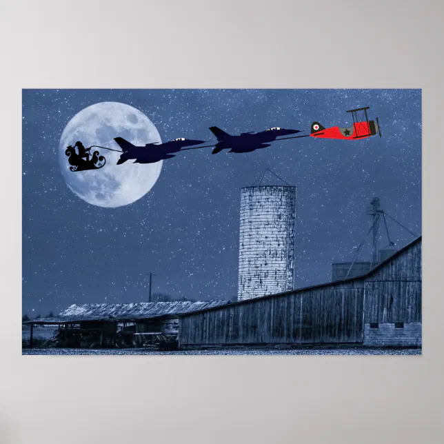 Santa, Sleigh, F-16 Jets and Red Biplane Christmas Poster | Zazzle