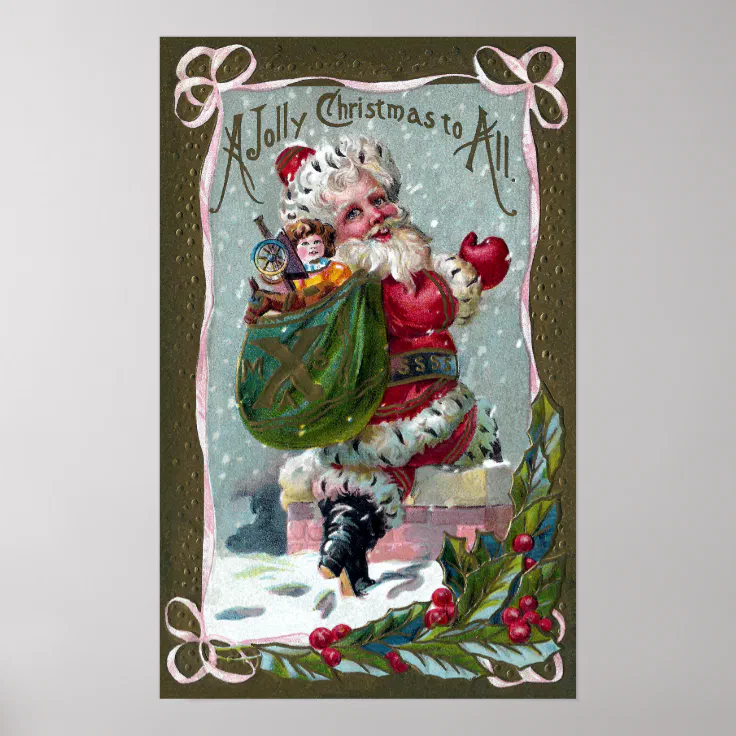 Santa Stepping Into Chimney Poster | Zazzle