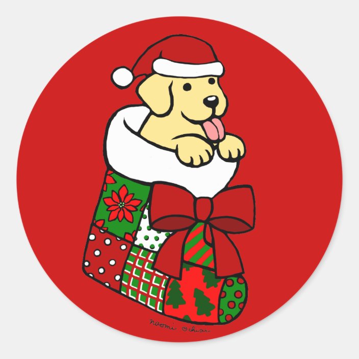 Santa Stocking Yellow Labrador Puppy Cartoon Classic Round Sticker ...