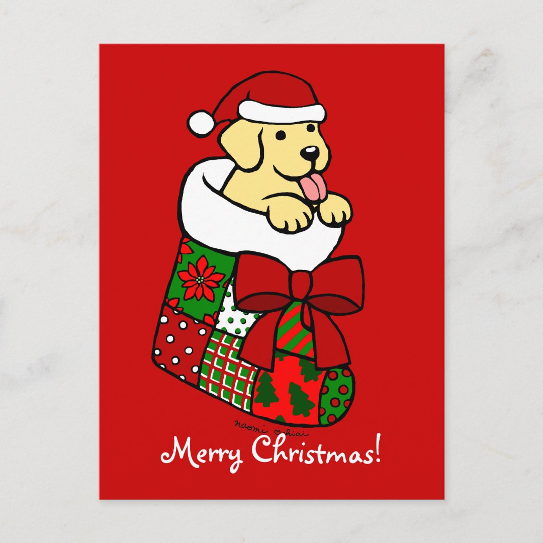 Santa Stocking Yellow Labrador Puppy Cartoon Holiday Postcard | Zazzle