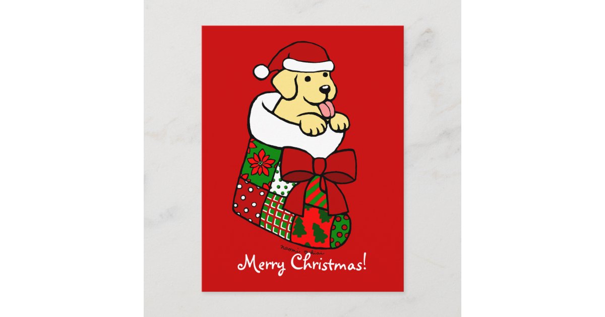 Santa Stocking Yellow Labrador Puppy Cartoon Holiday Postcard | Zazzle
