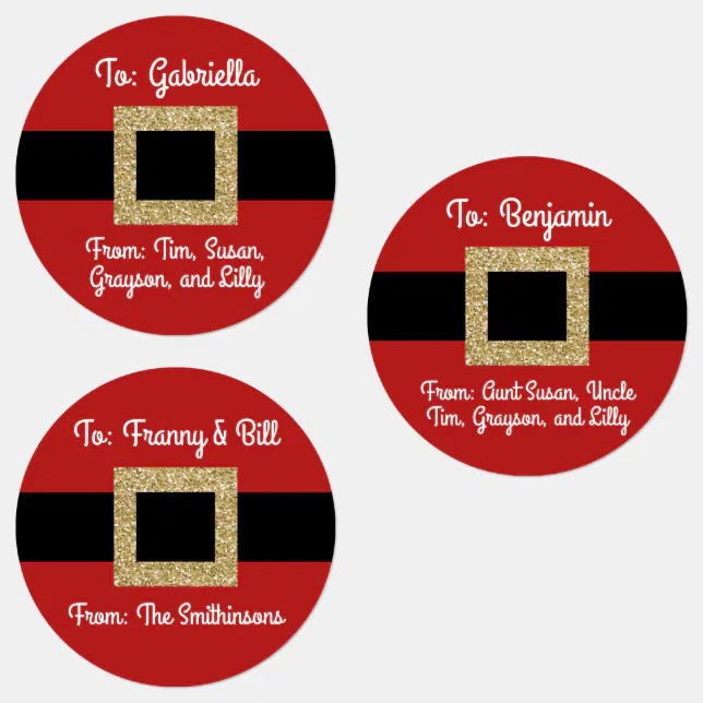 Santa Suit Gold Belt Christmas Personalized Labels | Zazzle