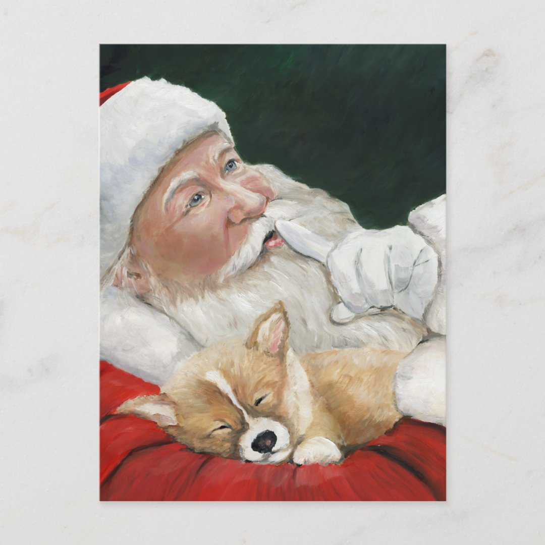 Santa with Corgi Dog Art Christmas Postcard | Zazzle