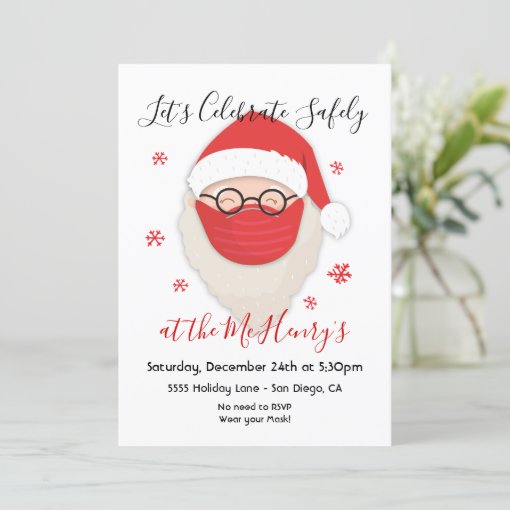Santa with mask Social Distancing Christmas Party Invitation | Zazzle