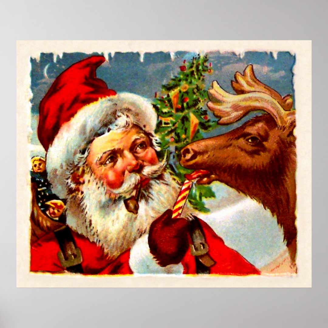 Santa with Reindeer Poster | Zazzle