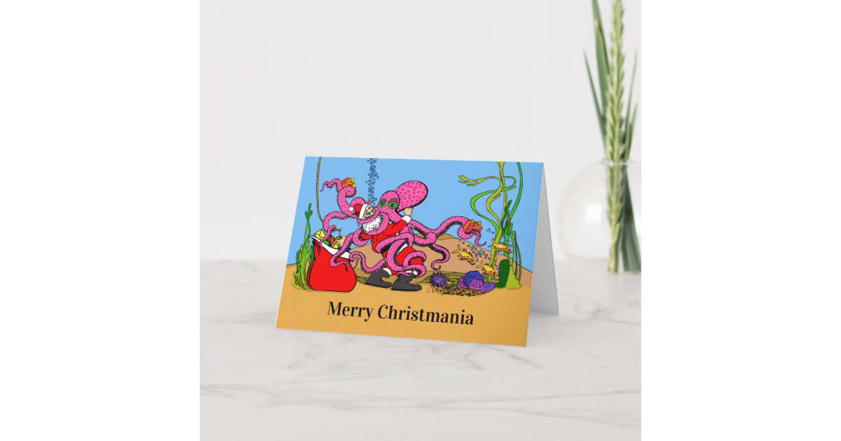 Santa Wrestling an Octopus Merry Christmania Card | Zazzle